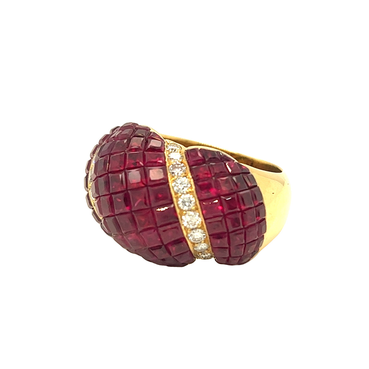 Retro 1940s Invisible Set Square Ruby and Diamond Dome Ring 18K Yellow ...